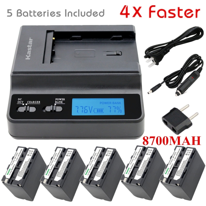 Kastar Ultra Fast Charger(4X faster) Kit and Battery (5-Pack 8700mAh) for Sony NP-F975, NP-F970 ...